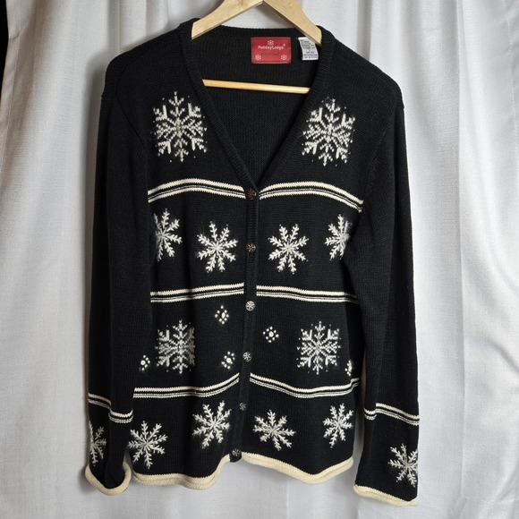 Northcrest | Sweaters | Vintage Snowflake Sweater Cardigan Black Sz L ...